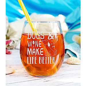 NeeNoNex Funny Gift for Dog Mom Dad Dogs & Wine Make Life Better Stemless Wine Glass - Dog Lover Gift