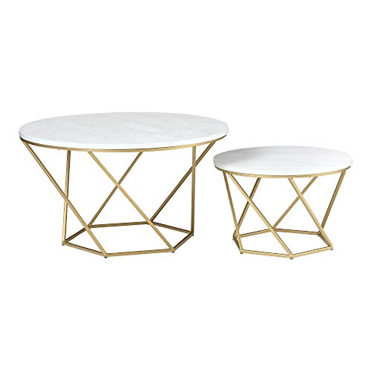 Walker Edison Modern Round Nesting Coffee Table Living Room Accent Ottoman Storage Shelf, Set Of 2, Marble and Gold