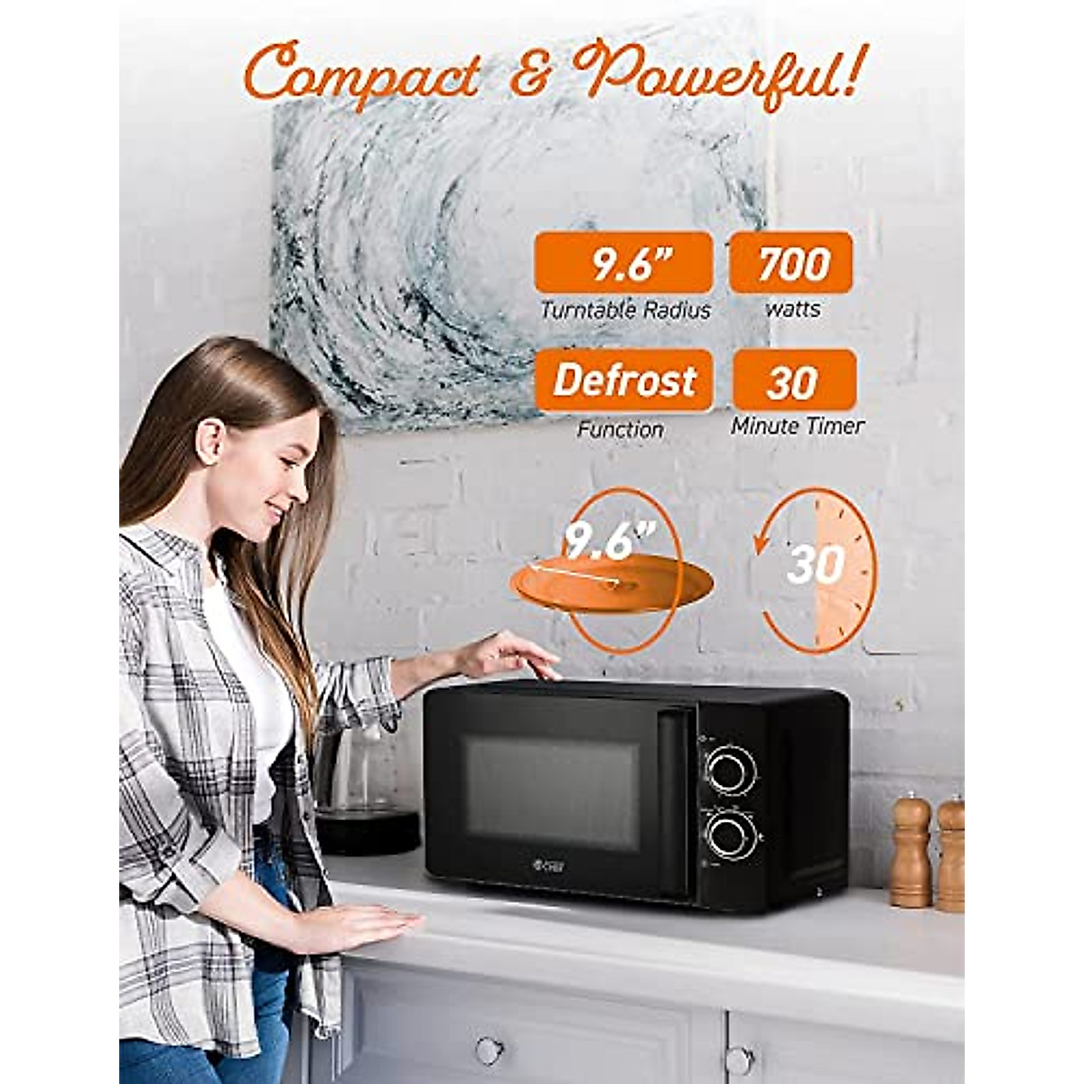 COMMERCIAL CHEF Small Microwave 0.7 Cu. Ft. Countertop Microwave with Mechanical Control, Black Microwave with 6 Power Levels, Outstanding Portable Microwave with Convenient Pull Handle