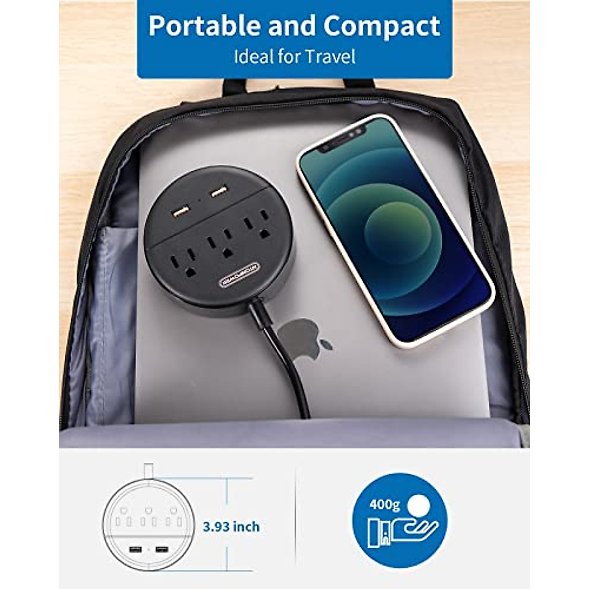 2 Prong Power Strip 10 ft & 5 ft Nightstand Power Strip with USB, 3 Outlets 3 USB Desktop Charging Station, Extension Cord with Switch Control and Phone/Tablet Holder for Home, Cruise Ship,Office