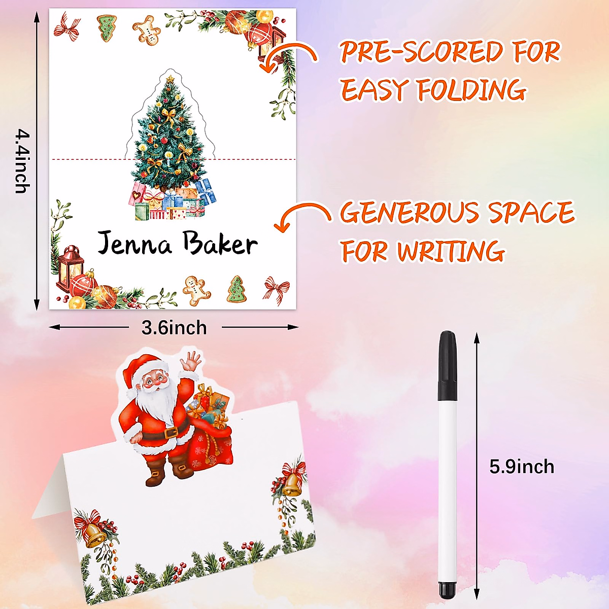 Tenceur 100 Pcs Christmas Place Cards for Table Setting Blank Christmas Table Name Place Cards Holders with 2 Pens Tented Rustic Folded Dinner Name Tags for Xmas Brunch Birthday Holiday Party 10 Style