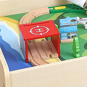 KRAND Kid's Multi-Purpose Activity Play Table with 60 Big Building Bricks and 30-Piece Wooden Train Set for Toddlers(Big-peg Baseplate Version)