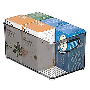 mDesign Plastic Kitchen Organizer - Storage Holder Bin with Handles for Pantry, Cupboard, Cabinet, Fridge/Freezer, Shelves, Counter - Holds Canned Food, Snacks - Ligne Collection - 4 Pack - Smoke Gray