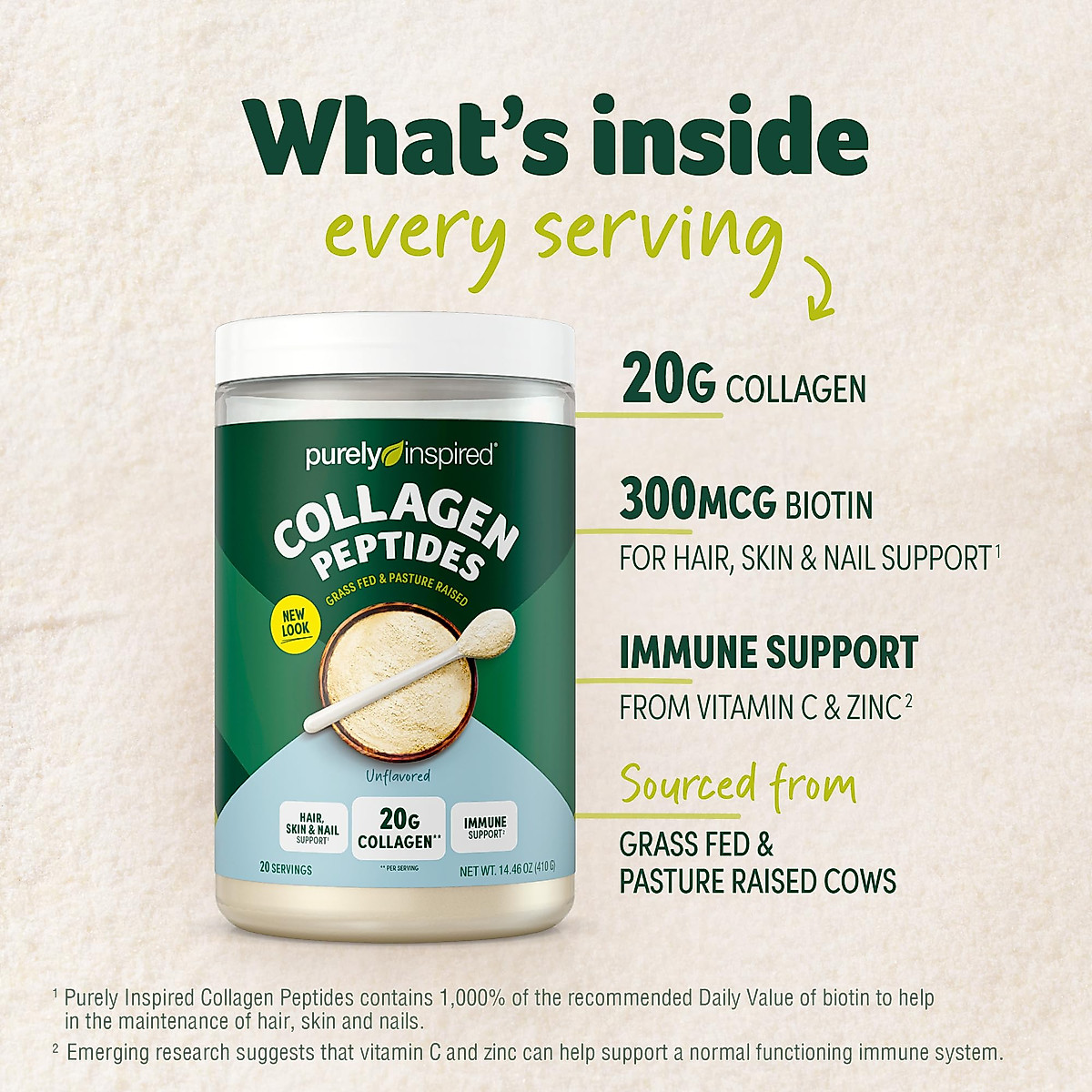 Purely Inspired Collagen Powder |Collagen Peptides Supplements for Women & Men | Collagen Protein Powder with Biotin | Paleo + Keto Certified | Unflavored, 0.9 lb (Packaging May Vary)