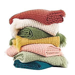 CozeCube Boho Throw Blanket for Couch, Spring Throw Blanket, Basket Weave Waffle Throw Blanket, Farmhouse Lightweight Throw Blanket with Fringe, Cream, 60'' x 50''