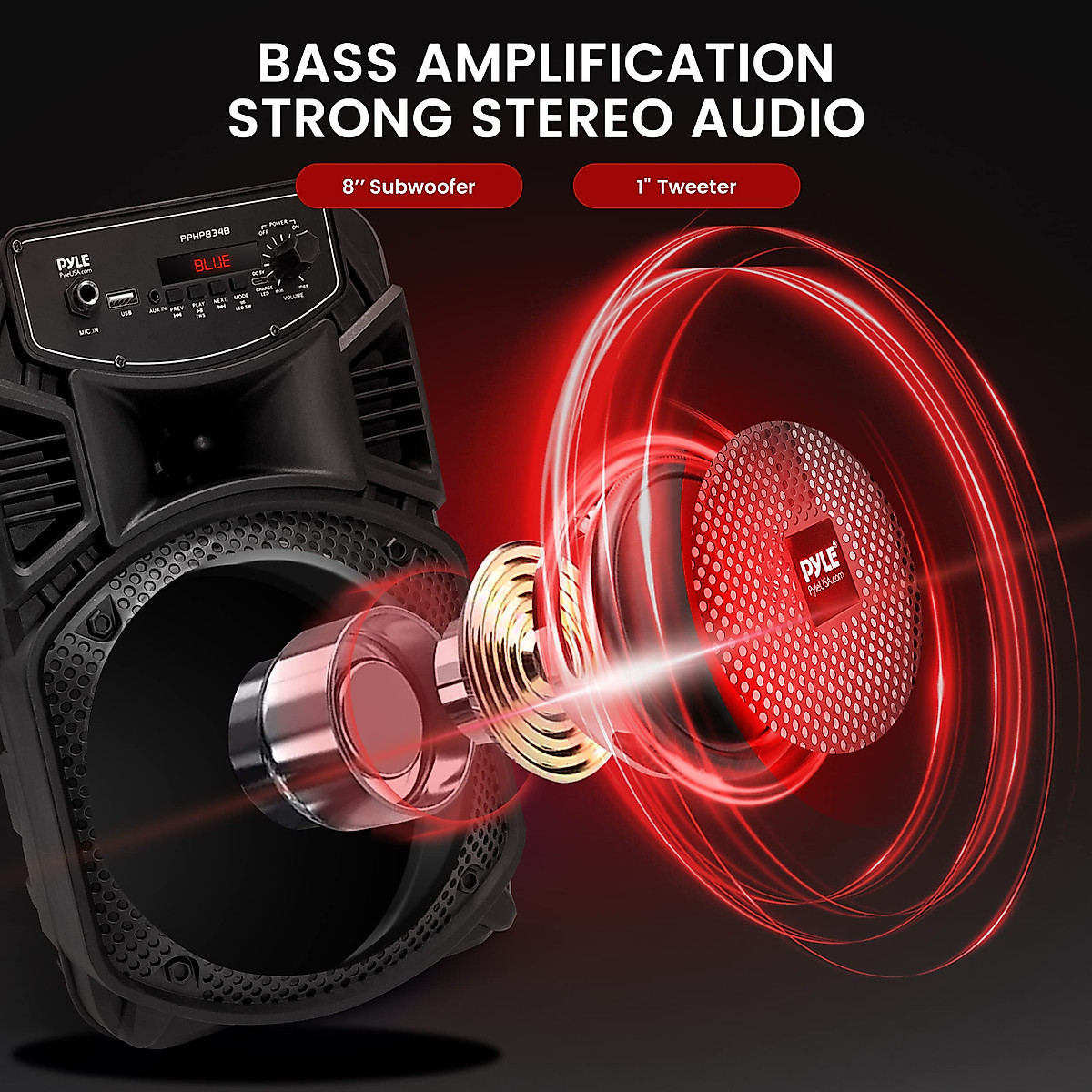 Pyle Portable Bluetooth PA Speaker System-300W Rechargeable Indoor/Outdoor Bluetooth Speaker Portable System w/ 8” Subwoofer 1” Tweeter, Microphone in, Party Lights, MP3/USB, Radio, Remote PPHP834B