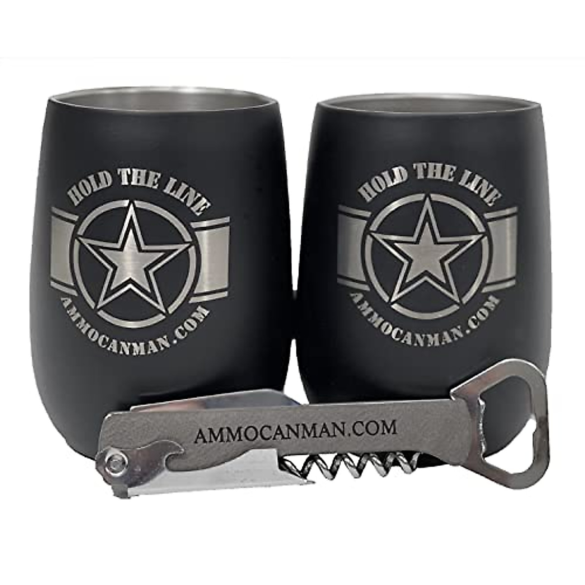 (1) 30 Cal Grade 1 Military Ammo Can (Used) - (2) Laser Engraved, “Hold The Line” Insulated Wine Tumblers - (1) Laser Engraved, Corkscrew/Multi-Tool