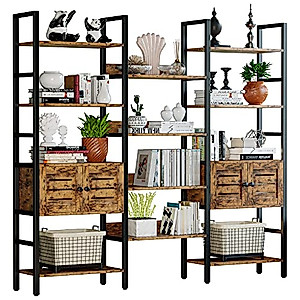 IRONCK Industrial Bookshelf and Bookcase with 2 Louvered Doors 5 Tiers Triple Wide Display Shelf with Storage Cabinet for Living Room Home Office