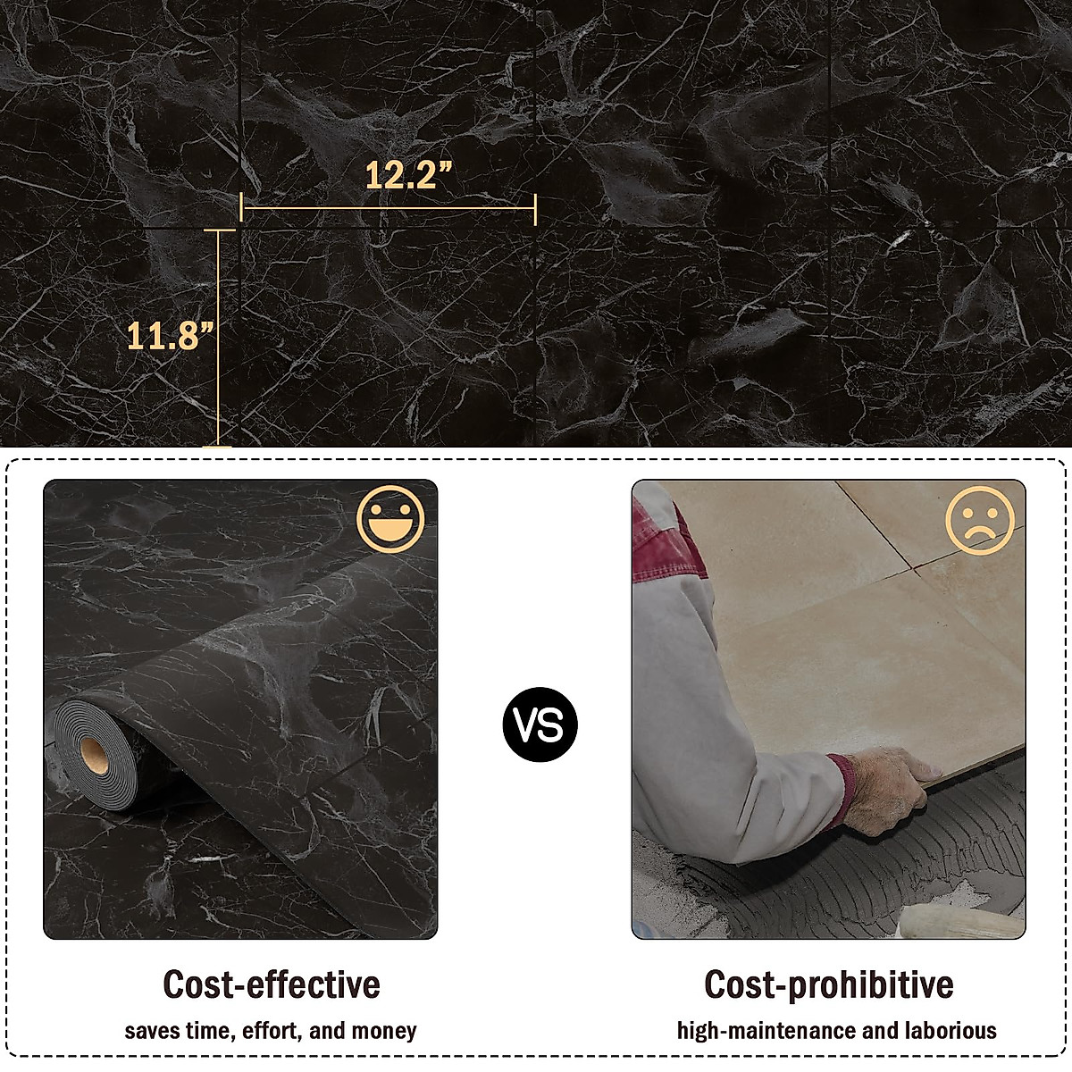 Oxdigi Vinyl Floor Tiles Peel and Stick 23"x 393"/64 Sq.Ft, Thicken Self Adhesive Vinyl Flooring Roll Marble Pattern Waterproof DIY Floor Coverings for Bathroom Living Room Kitchen, Black Marble