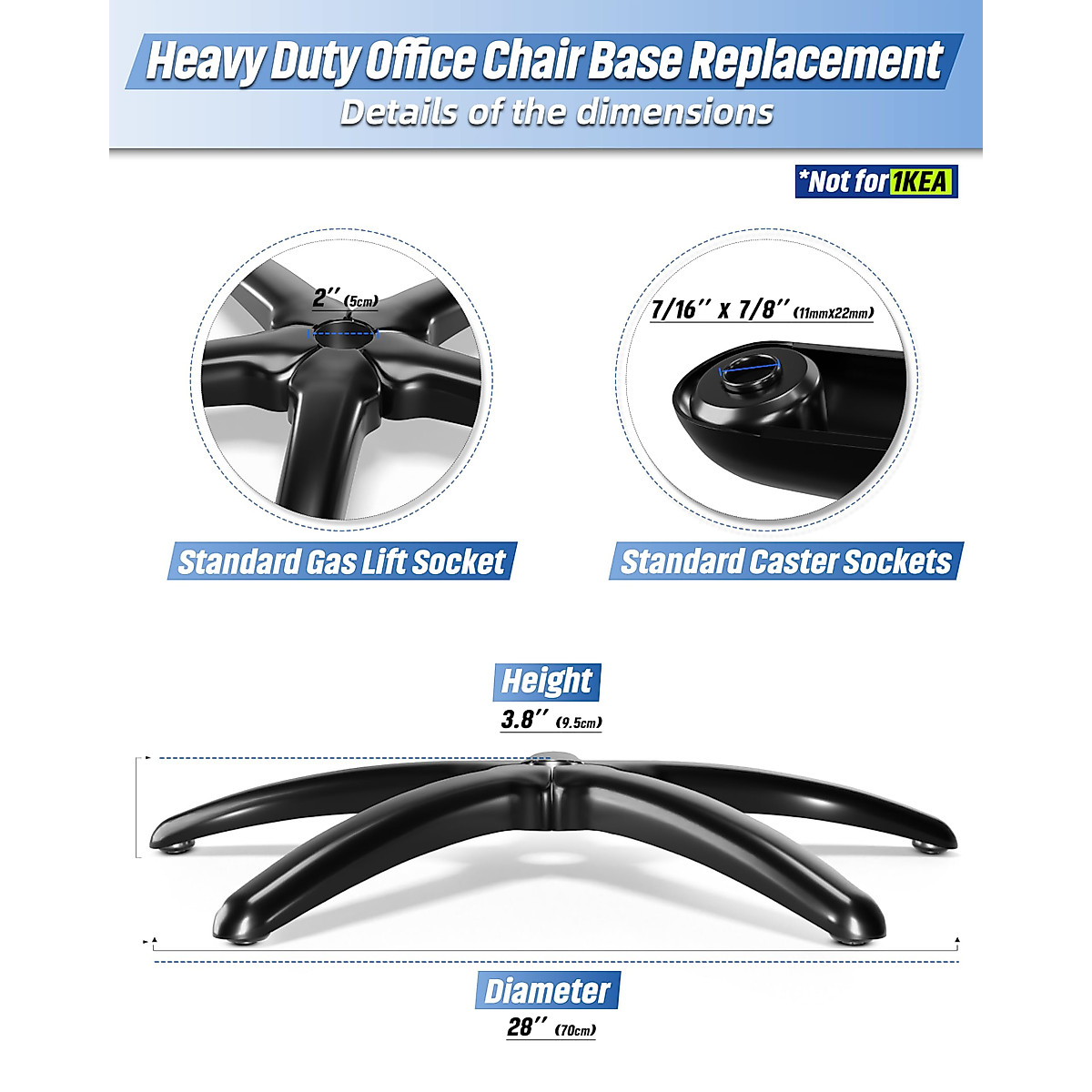 Sytopia 28" Heavy Duty Office Chair Base Replacement with Wheels (Set of 5), Metal Desk Chair Base