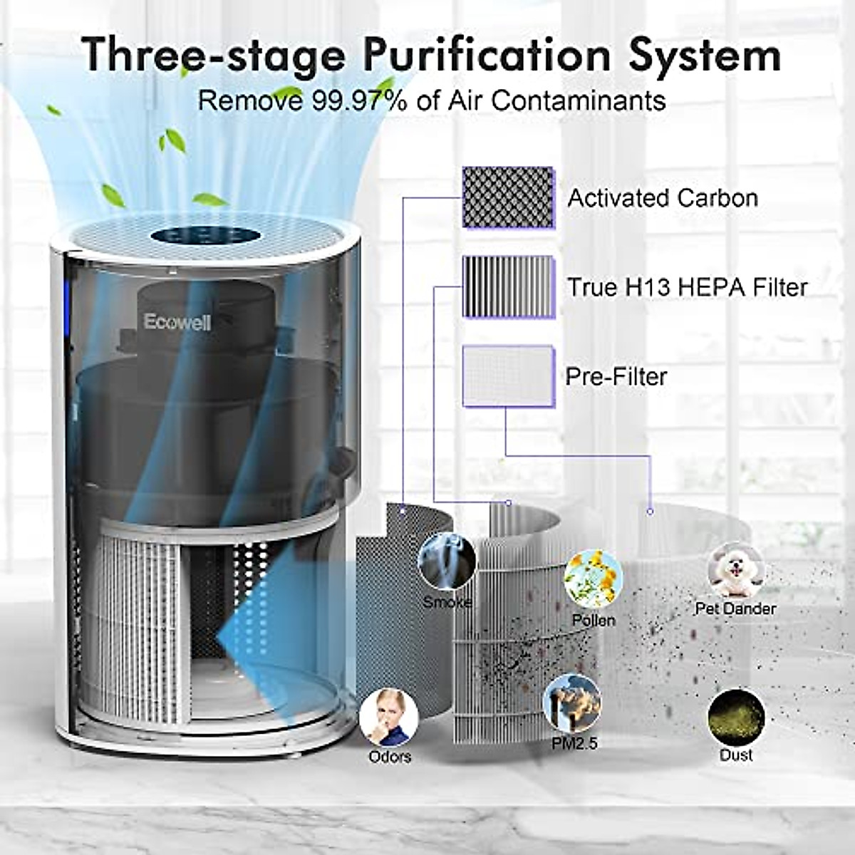 ECOWELL HEPA Air Purifier for Home Bedroom, Remove 99.97% Dust Pollen Odors Pet Dander, Large Room Air Purifiers for Office Desk Kitchen Living Room, EAP250W, White, 8.6 x 8.6 x 14.17 inch