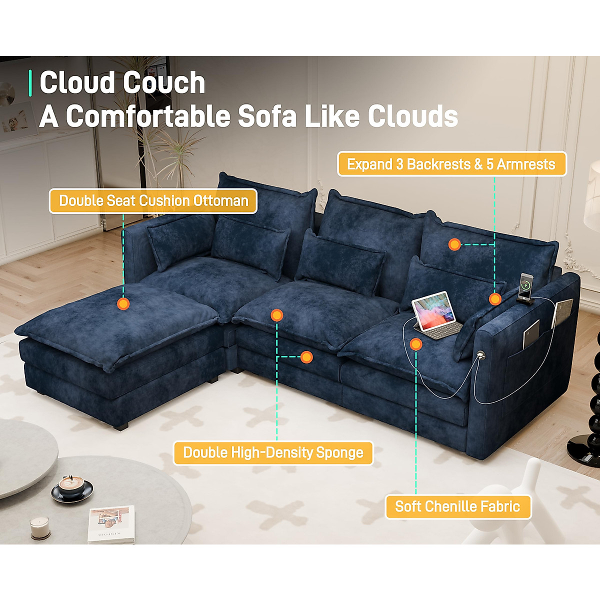 Modular Sectional Sofa, Convertible L Shaped Couch, 4 Seat Sofa Set with Chaise, Comfy Cloud Couches for Living Room, 110 inch Width Modern Sofa Couch, Chenille (Dark Blue, 3 Seats with Ottoman)