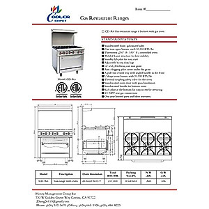 Commercial Range&Oven 36" Width, 6 Burners, Natural Gas and Propane, NSF/ETL Certified, Thermostat, Stainless Steel Galvanized and Cast iron Grate For Restaurant Heavy Duty, 211000 BTU