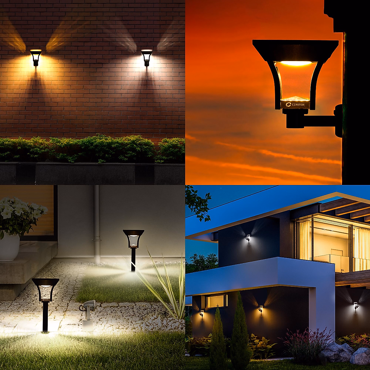 CINOTON 42W LED Barn Light Dusk to Dawn Outdoor Lighting, Black 1 Pack & Outdoor Solar Landscape Pathway Lights Warm & Cold White 4 Pack