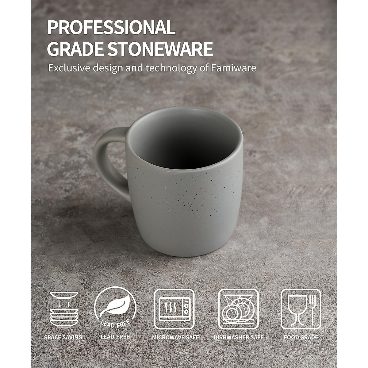 famiware Speckled Coffee Mugs Set of 4, 13oz Large Stoneware Coffee Mugs, Modern Coffee Mugs Set with handle for Tea, Latte, Cappuccino, Milk, Cocoa, Dark Grey………