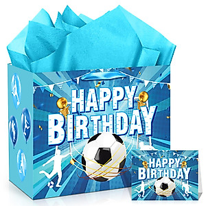 Soccer Birthday Gift Bag for Boys, Blue Soccer Wrapping Paper Favors Bags with Tissue Paper Card Large Soccer Ball Birthday Goodie Treat Bags for Sport Theme Baby Shower Party Decorations Supplies