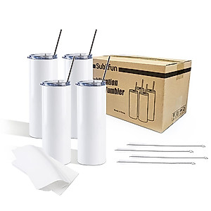 Sublifun Sublimation Tumbler Blanks,20oz White Straight Skinny Tumbler Bulk,4 Pack Stainless Steel Double Walled Tumbler with Lid and Metal Straw,High-quality coating for Tumbler Press Machine Print