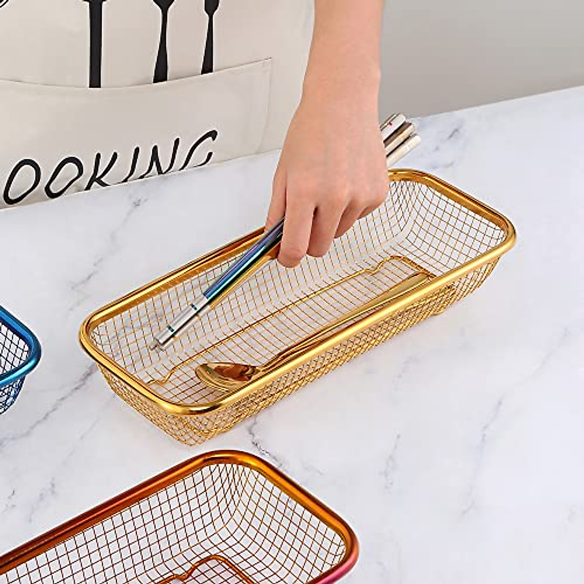 Kitchen Drawer Organizer,TUPMFG Stainless Steel Storage Basket for Silverware,Kitchen Utensil,Cutlery Tray Set Of 2, Purple