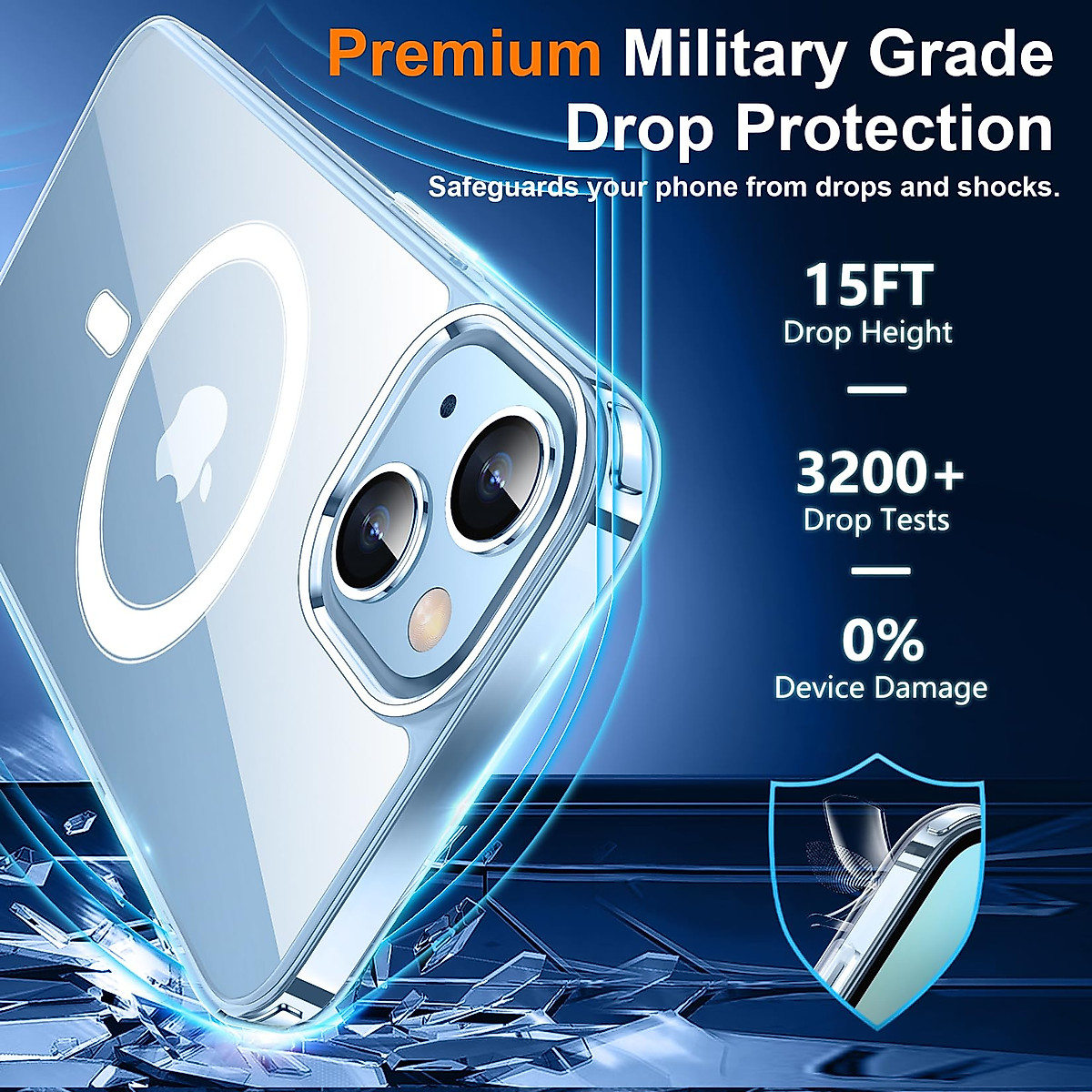 SPIDERCASE for iPhone 14 Case/iPhone 15 Case, [15 FT Military Grade Drop Protection] Magnetic [Crystal Clear] 2 Pack [Tempered Glass Screen Protectors+Camera Lens Protectors] Slim Case, Clear