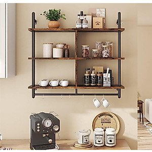 HOLMZCED 3 Tiers Wood Floating Shelving with Hooks, Industrial Wall Mounted Shelf Modern Wall Shelves Hanging Vintage Display Storage Shelf for Living Room Bathroom Bedroom Kitchen Coffee Bar