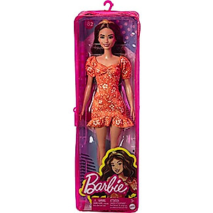 Barbie Fashionistas Doll, Long Wavy Brunette Hair, Headband, Orange Floral Print Dress with Ruffle Details & Heels, Toy for Kids 3 to 8 Years Old