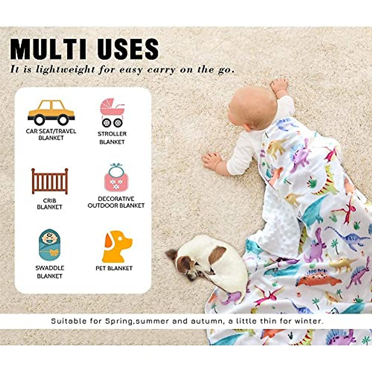 Baby Mink Blankets, Dinosaur Toddler Blanket for Boys Girls, Soft Newborn Blanket with Dotted Backing, Double Layer, Crib Receiving Blanket for Nursery, Shower Gifts, 30 X 40 Inches