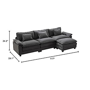 IPKIG 117" Sectional Sofa, Velvet L-Shaped Couch Comfy Upholstered 3-Seat Sofa with Ottoman, 3 Lumbar Pillow, Deep Seat Modular Oversized Couch for Living Room, Apartment, Studio (Grey, 4-Seat)