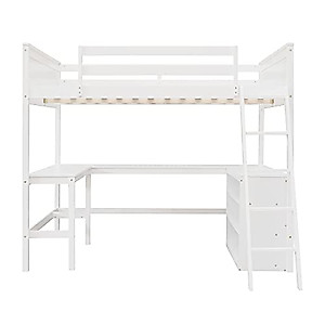 GYYBED Full Size Wooden Loft Bed with 3 Storage Shelves and Built-in L-Shape Desk for Kids Teens Adults Full Size loft Bed with Desk Full Size loft Bed loft Bed with Desk(White + Wood)