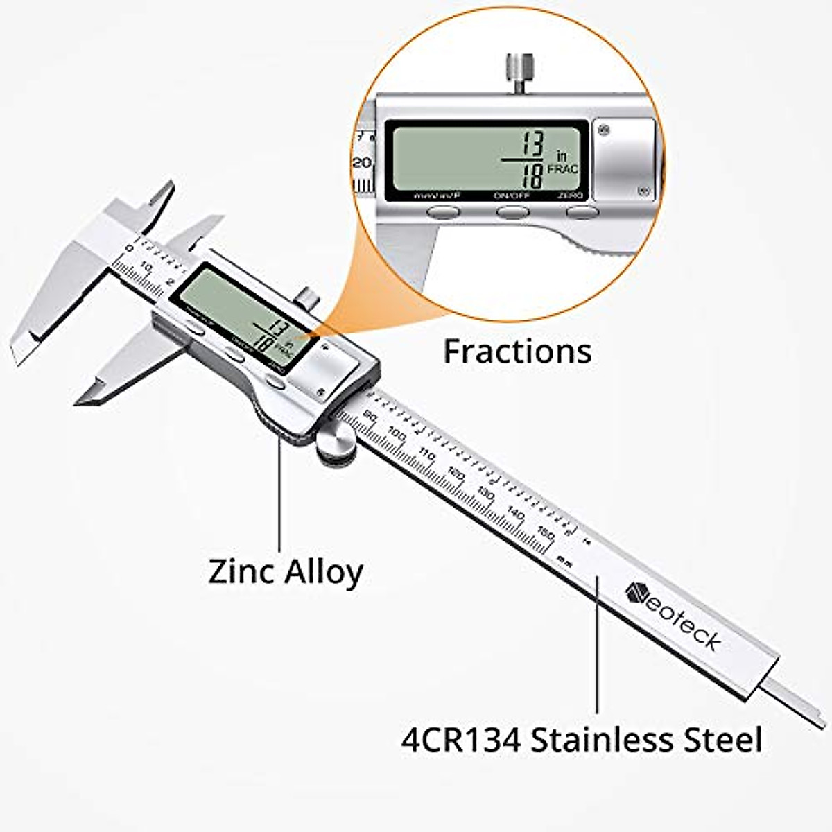Neoteck 6 inch Digital Caliper, Full-Metal Electronic Calipers Measuring Tool Fractions/Inch/mm Conversion