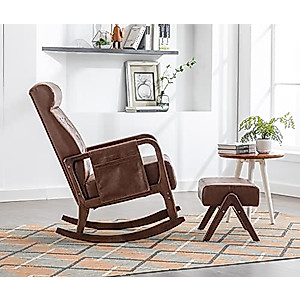 Kurhwyss Nursery Rocking Chair with Ottoman, Upholstered Rocker Chair with Arm Pocket, Modern Accent Glider Chair with Comfy High Back for Living Room Bedroom (Brown)