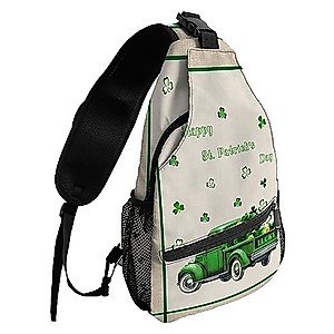 Gsypo Sling Backpack, St.Patrick's Day Shamrocks Truck Linen Waterproof Lightweight Small Sling Bag, Travel Chest Bag Crossbody Shoulder Bag Hiking Daypack for Women Men