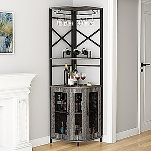 Osfvolr Bar Cabinet w/Wine Rack and Glass Holder, Corner Cabinet with Mesh Door, Corner Bar Cabinet with Adjustable Shelf, Liquor Cabinet Bar for Home, Black Oak, A2