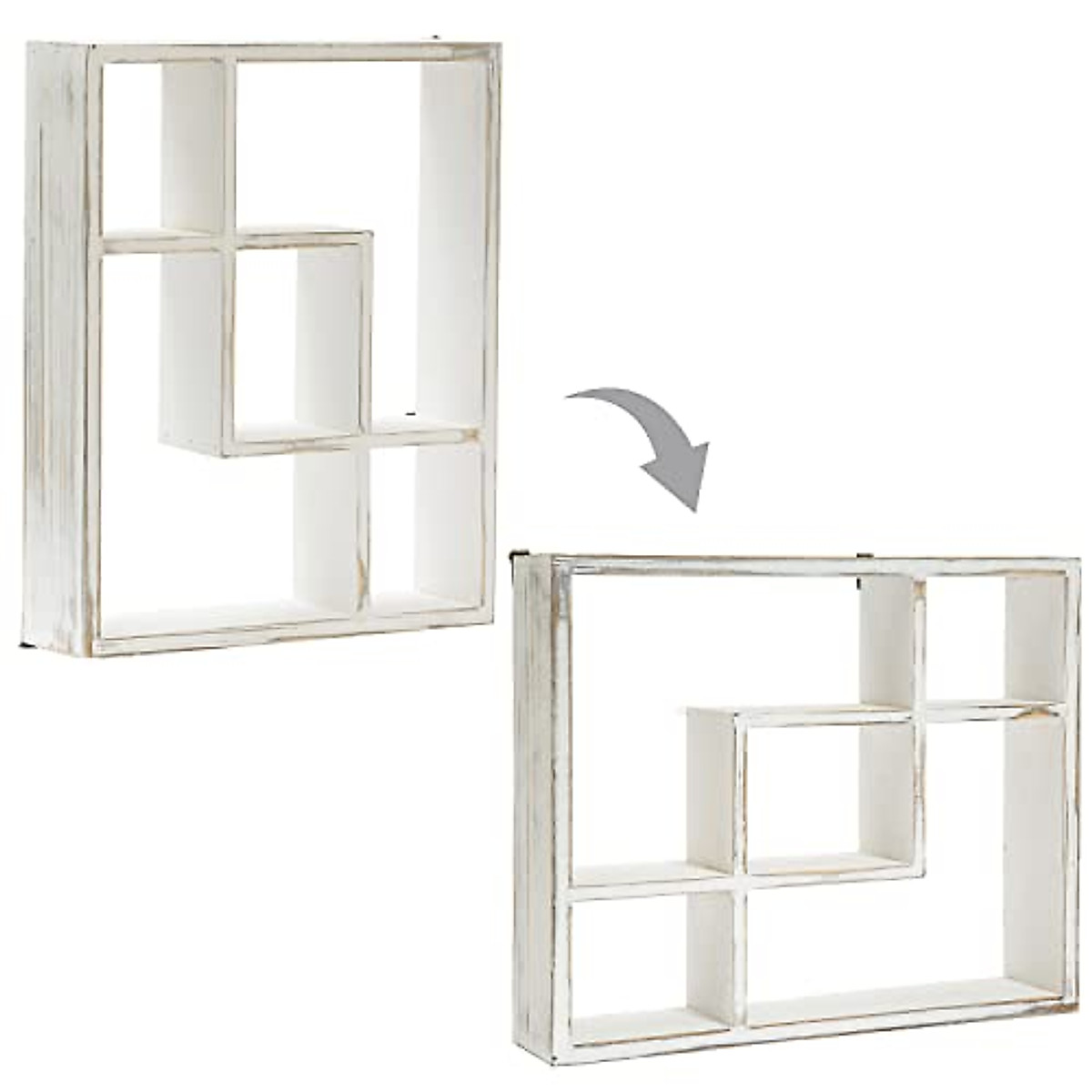 MyGift Wall Mounted Whitewashed Wood Collectible Display Cubby Shelf with 5 Compartments - Hang Vertical or Horizontal