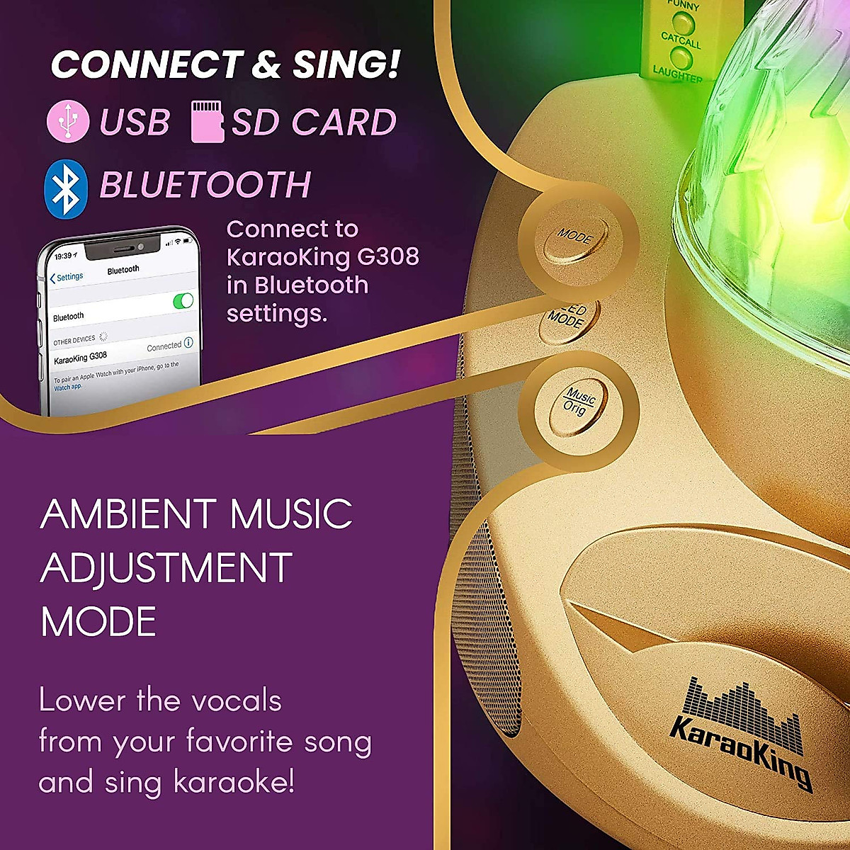 KaraoKing New 2020 Karaoke Machine – for Adults and Kids –2 Wireless Karaoke Microphone, SD Card, USB, Bluetooth Compatible, Lights Function– Home, Bachelor Party, Picnic, Outdoor/Indoor [G308 Gold]