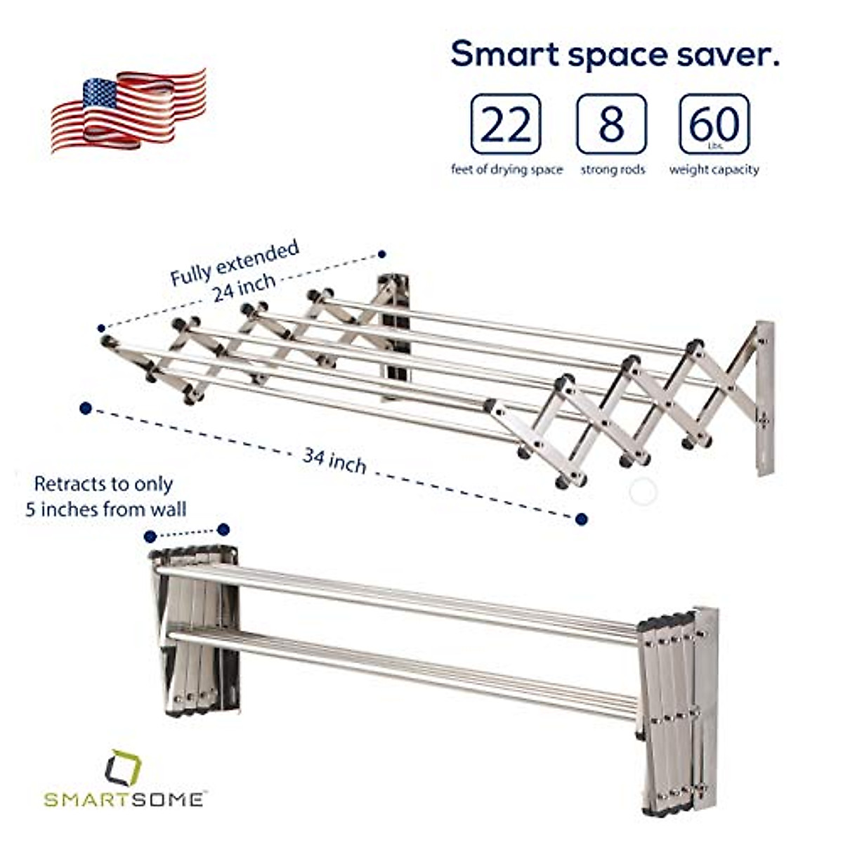 Smartsome Space Saver Fold Away Racks: Stainless Steel Wall Mounted Laundry Drying Rack, Easy to Install - 8 34" Rods, Total: 22.5 Linear Ft, 60 lb Capacity- Indoor and Outdoor Use