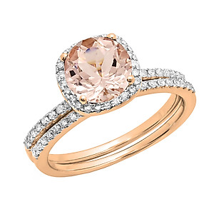 Dazzlingrock Collection 10K 6 MM Round Morganite & White Diamond Bridal Halo Engagement Ring Set, Rose Gold, Size 7.5