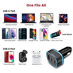 115W USB C Car Charger, VELOGK 3-Port [PPS&PD&QC3.0] 65W 45W 30W Super Fast Type C Car Charger Adapter for iPhone 15 Pro Max Samsung S24 S23 S22 Ultra Note 20, iPad, Macbook/Dell,with 100W USB C Cable