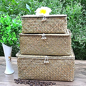 Seaweed Storage Basket Handwoven Storage Box with Lid Cosmetic Storage Box Laundry Basket Wicker Basket Storage Basket Box Wicker(L,Khaki)