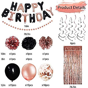 Black Rose Gold Birthday Party Decorations for Women Girls, 78 Pack Black Rose Gold Confetti Balloons, Curtains, Paper Flowers, Hanging Swirl and Circle Dot Garland for Girl Women