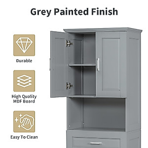 RCCFBHM Modern Bathroom High Bathroom Cabinet with Tilting Laundry Hamper with Double Door Storage and 1 Drawer, Open Storage Cabinet for Bathroom, Living Room.