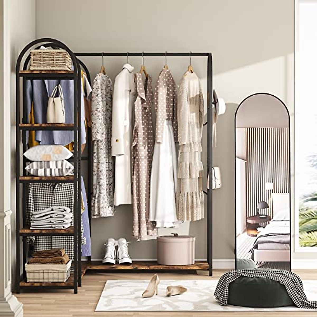 Tribesigns L-Shaped Garment Rack with Shelves, Heavy Duty Corner Clothes Rack with Coat Hooks, Anti-toppling Device, Cloth Hanger Standing Clothing Racks for Hanging Clothes, Rustic Brown