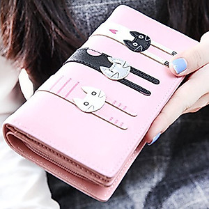 Valentoria® Birthday Gifts for Women's Mini Faux Leather Bifold 3 Cat Design Clutch Wallet(Long Pink)