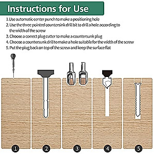A young store 23 Pack Woodworking Chamfer Drilling Tool, 6pcs Countersink Drill Bit, 7pcs Three Pointed Countersink Drill Bit, 8pcs Wood Plug Cutter, with L-Wrench and Automatic Center Punch