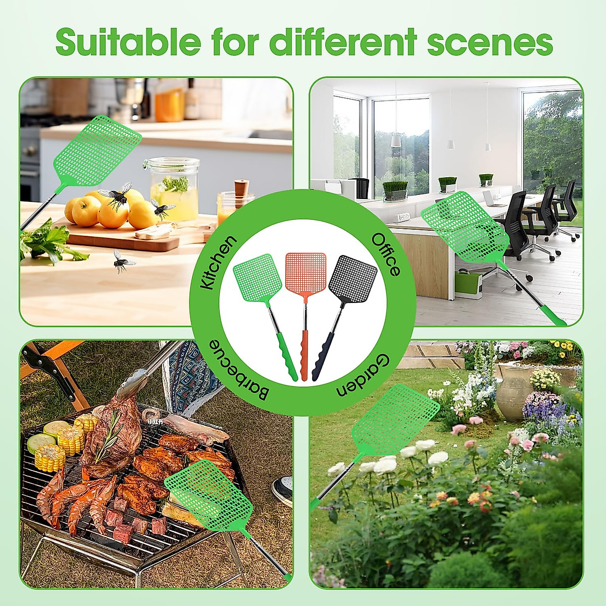 Fly Swatters with Stainless Steel Handle,Telescopic Flyswatter,Extends up to 25 inches, Durable Large Bug Swatter for Indoor/Outdoor/Classroom - 3Pack (Black Green Red)