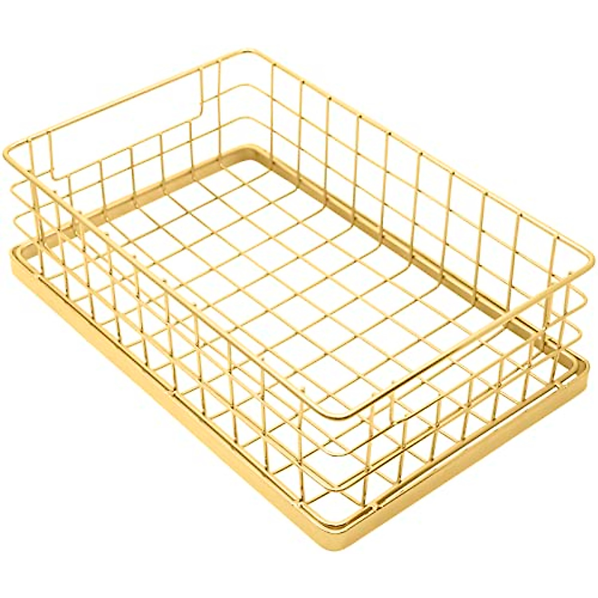 Set of 2 Stackable 10" Metal Wire Storage Basket Bins With Handles (Gold Wide Mesh Base)