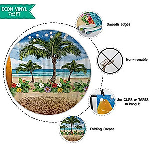 Allenjoy Summer Beach Ocean Photography Backdrops Blue Sky Seaside Surfboard Tropical Palm Trees Luau Kids Girl 1st Birthday Party Decor Banner Baby Shower 7x5ft Photoshoot Background Photo Booth Prop