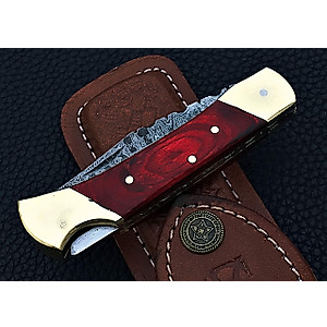 Smart & Sharp Custom Handmade Damascus Steel Folding Knife/Pocket Knife AR-17394 (Red Colored wood) (Red)