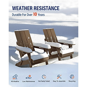 POWERWOOD Modern Adirondack Chair, Oversized HDPE Folding Adirondack Chairs Wood Texture, Higher Back Weather Resistant Adirondack Chair Set with Cup Holder, Fire Pit Chairs for Outdoor Patio (Teak)