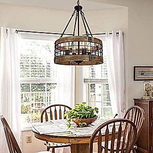 ACNKTZ Farmhouse Rustic Chandelier Light Fixture, 4-Light Round Hanging Pendant Lighting for Dining Room Entryway Kitchen Island Foyer Breakfast Area, Black Wood and Black Metal Finish