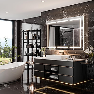 54" W x 36" H Lighted Medicine Cabinet with Mirror, Front & Backlit led Medicine Cabinet, Recessed or Surface Wall-Mounted, Clock Temp Display, Defog,10x Magnifier, 3 Colors Temper, Door Wide Open